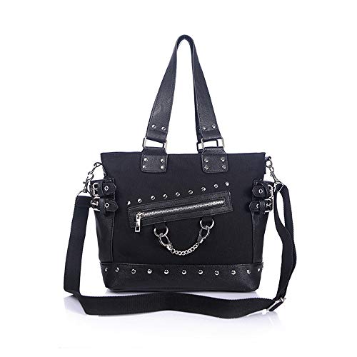 Women Fashion Rivet Handbag Purse Canvas Punk Tote with Shoulder Strap Crossbody Bag Large Capacity Black (Black)