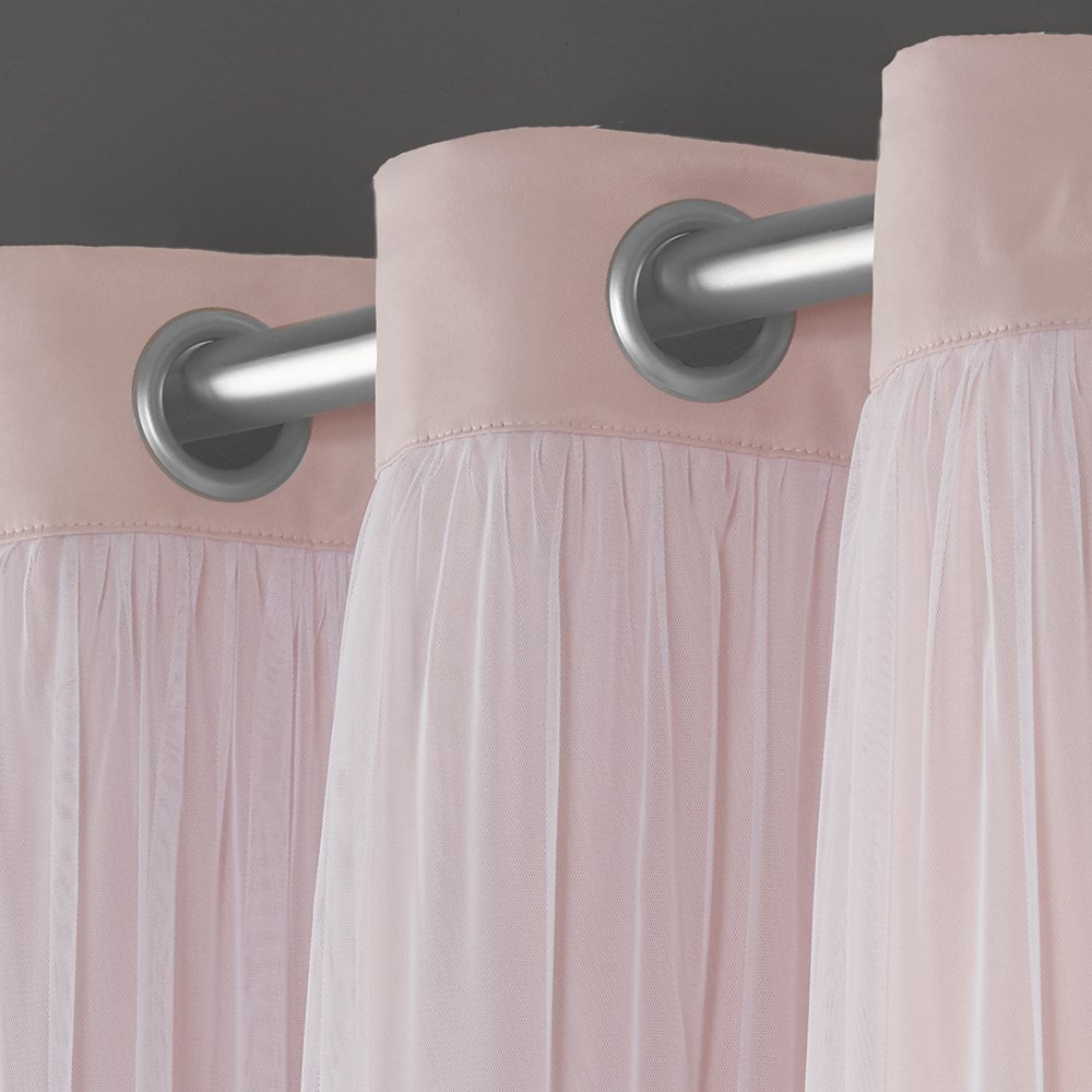 Exclusive Home Catarina Layered Solid Room Darkening Blackout and Sheer Grommet Top Curtain Panel Pair, 52"x84", Rose Blush