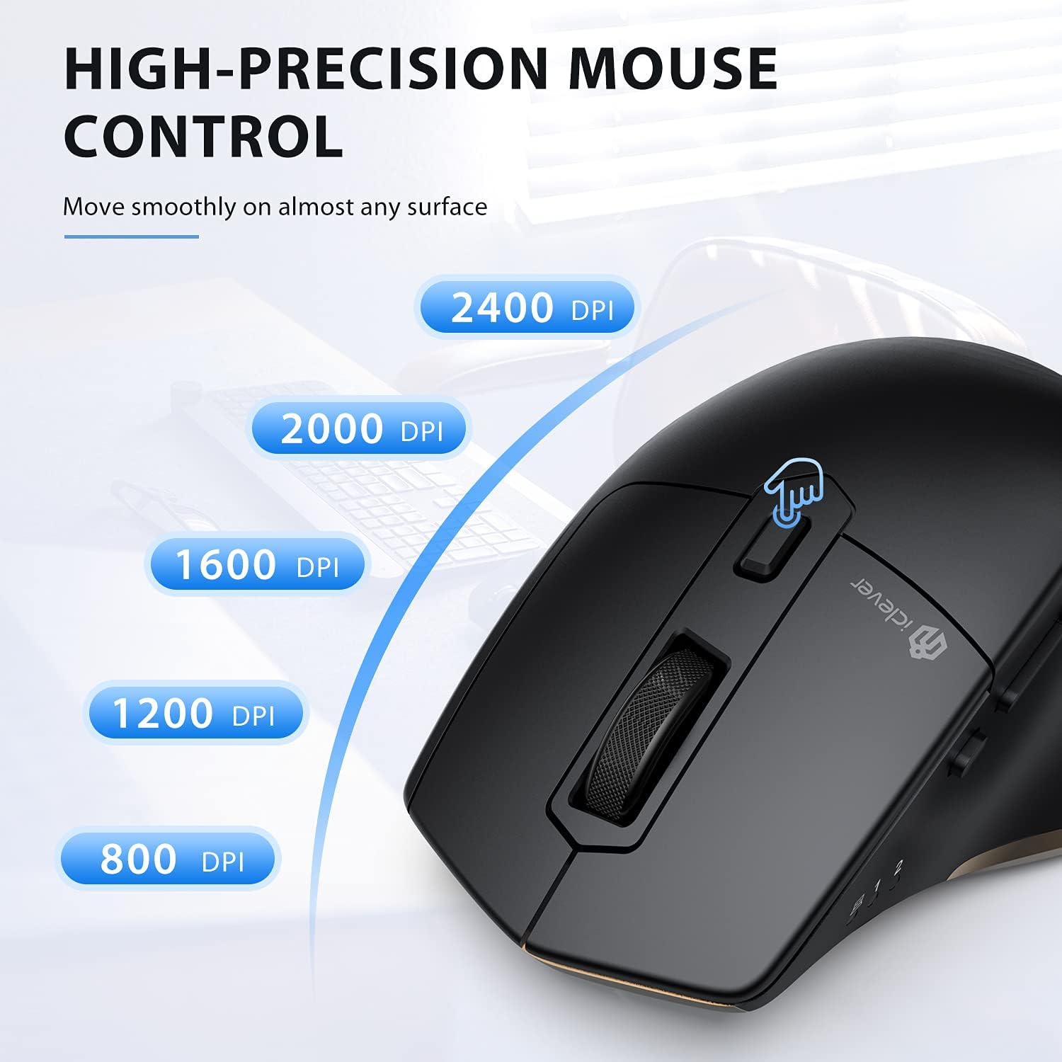 iClever Wireless Mouse with Bluetooth or USB Receiver, 5 Adjustable 2400DPI Rechargeable Computer Mouse, Wireless Mouse for Laptop, iPad, MacBook, Tablet, PC