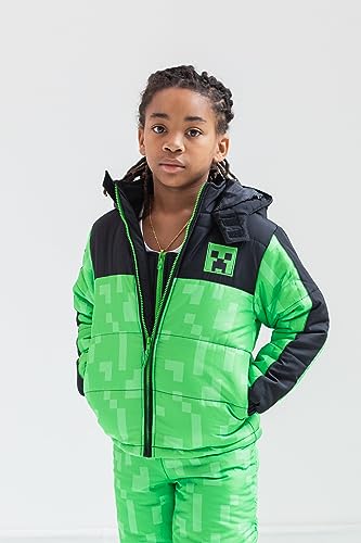 Minecraft Creeper Little Boys Zip Up Puffer Jacket and Snow Bib Ski Pants Green 7-8