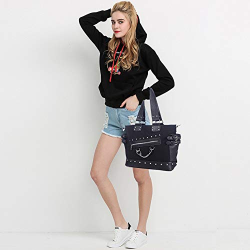 Women Fashion Rivet Handbag Purse Canvas Punk Tote with Shoulder Strap Crossbody Bag Large Capacity Black (Black)