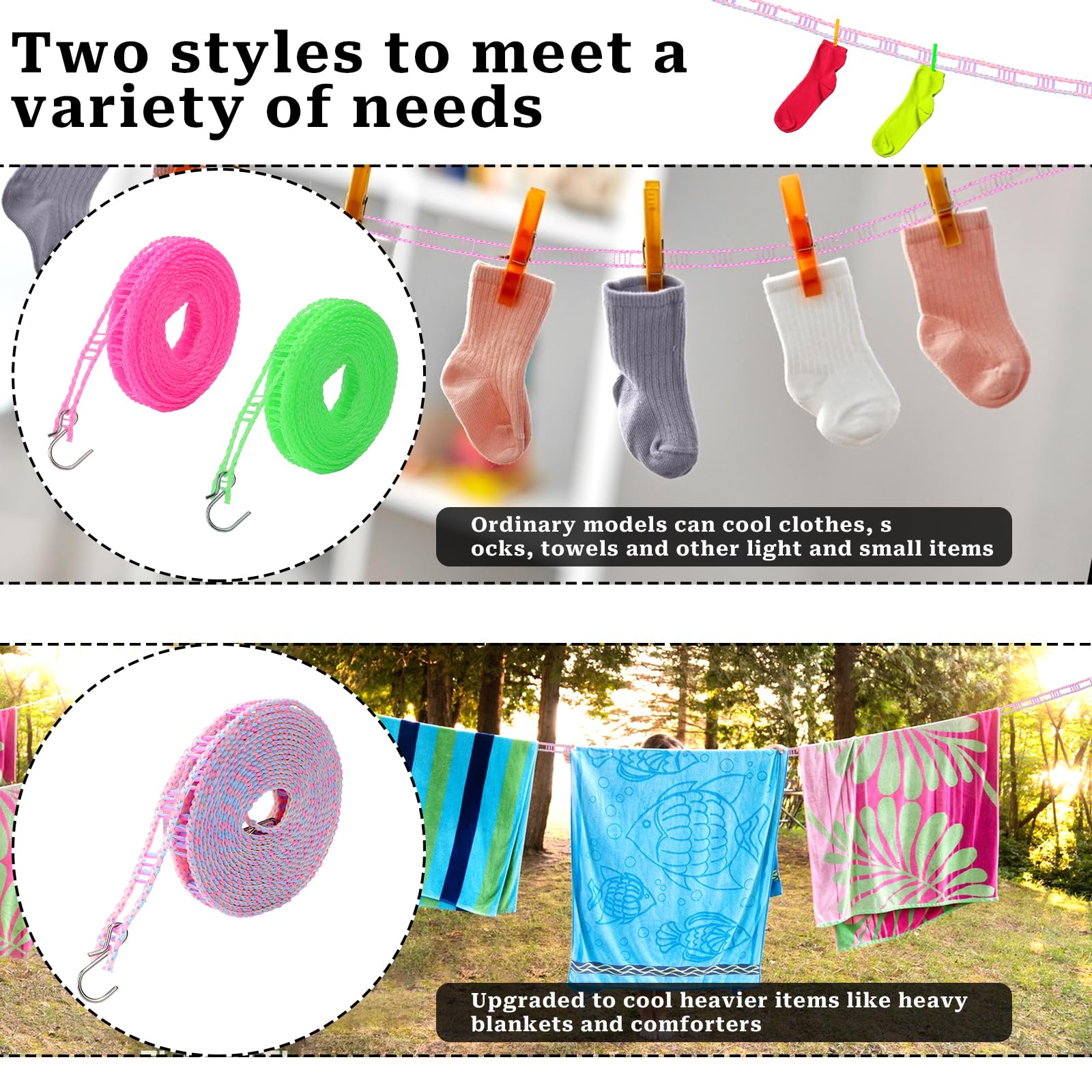 3 Pack Windproof Portable Clotheslines with Hooks 16.4ft Clothes Drying Rope Laundry Line Adjustable Non-Slip Clotheslines for Outdoor Indoor Travel Laundry Drying Hanging Clothes