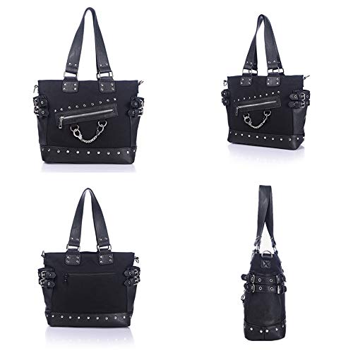 Women Fashion Rivet Handbag Purse Canvas Punk Tote with Shoulder Strap Crossbody Bag Large Capacity Black (Black)