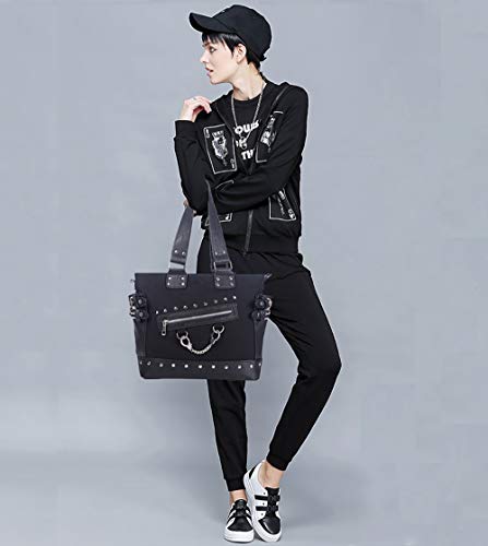 Women Fashion Rivet Handbag Purse Canvas Punk Tote with Shoulder Strap Crossbody Bag Large Capacity Black (Black)