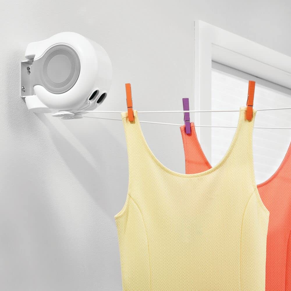 mDesign Portable Adjustable Indoor/Outdoor Retractable Clotheslines - 42ft Double Lines - Durable Hanging Plastic Reel to Air Dry Wet Clothes in Bathroom, Laundry, Patio, Balcony - 2 Pack - White