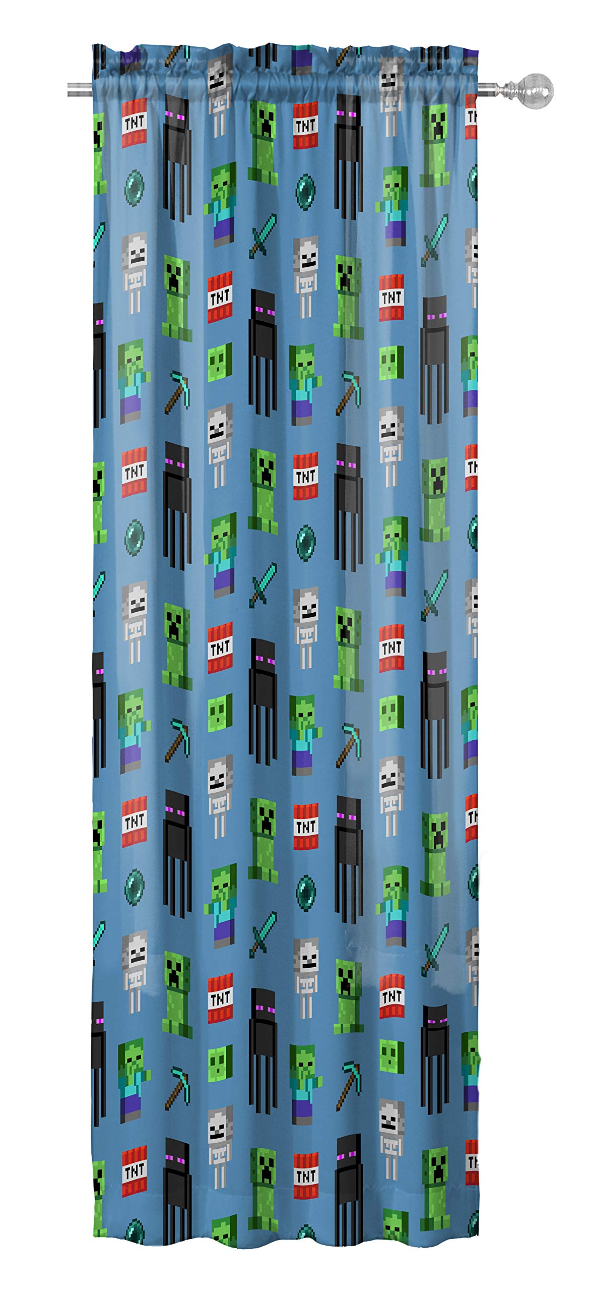 Jay Franco Kids Window Drapes - 4 Piece Curtain Set Includes 2 Tiebacks, Beautiful Bedding Room Décor and Easy Set Up, Blue - Minecraft, 63 Inch