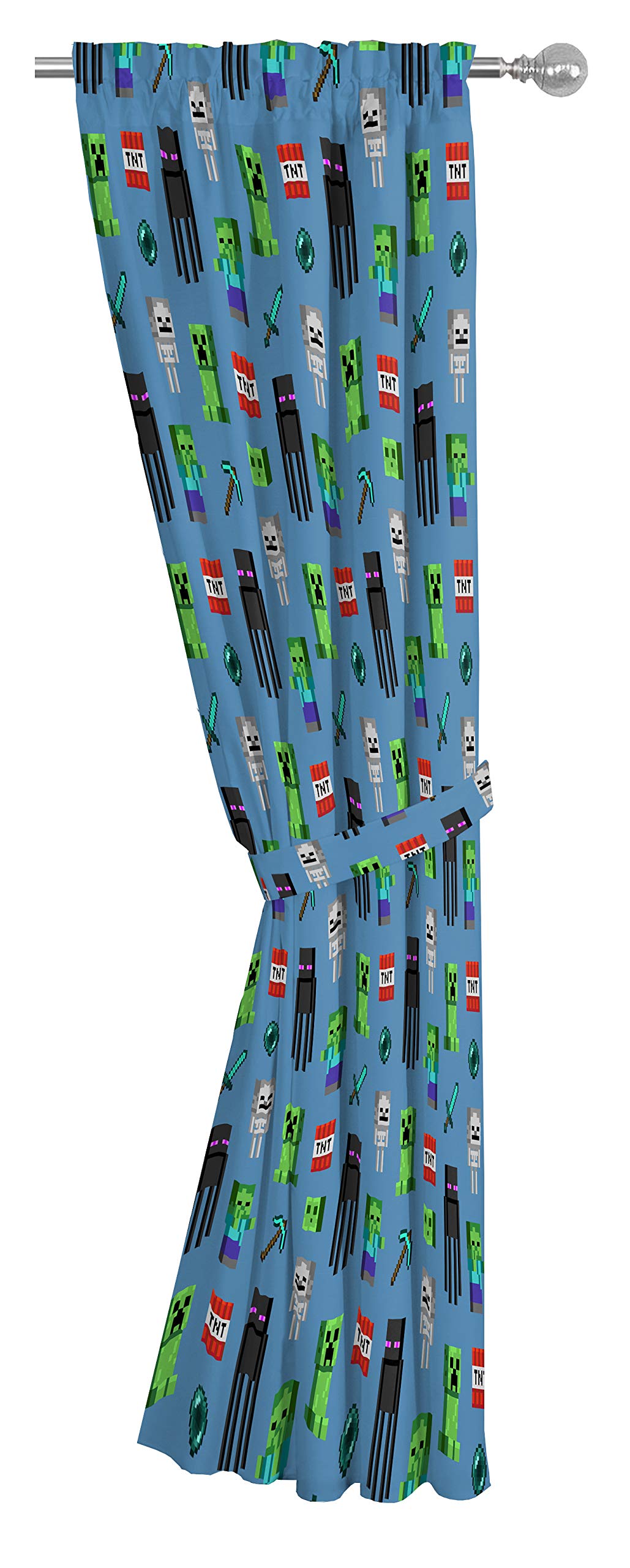 Jay Franco Kids Window Drapes - 4 Piece Curtain Set Includes 2 Tiebacks, Beautiful Bedding Room Décor and Easy Set Up, Blue - Minecraft, 63 Inch