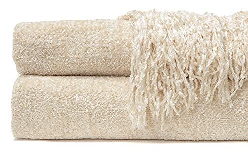 Chanasya Chenille Velvety Texture Decorative Throw Blanket with Tassels Super Soft Cozy Classy Elegant with Subtle Shimmer for Chair Couch Bed Living Bed Room Ivory Throw Blanket (50x65 Inches) Cream