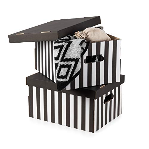 Compactor Set of 2 Storage Boxes in Corrugated Cardboard, With Handles, Stackable, Black, 40 x 31 x H. 21 cm, RAN613, Wood