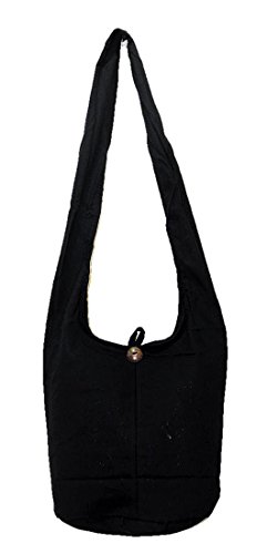 Thai Hippie Hobo Sling Shoulder Bag Purse Handmade Zip Plain Black Cotton Gypsy Boho Messenger Medium M721