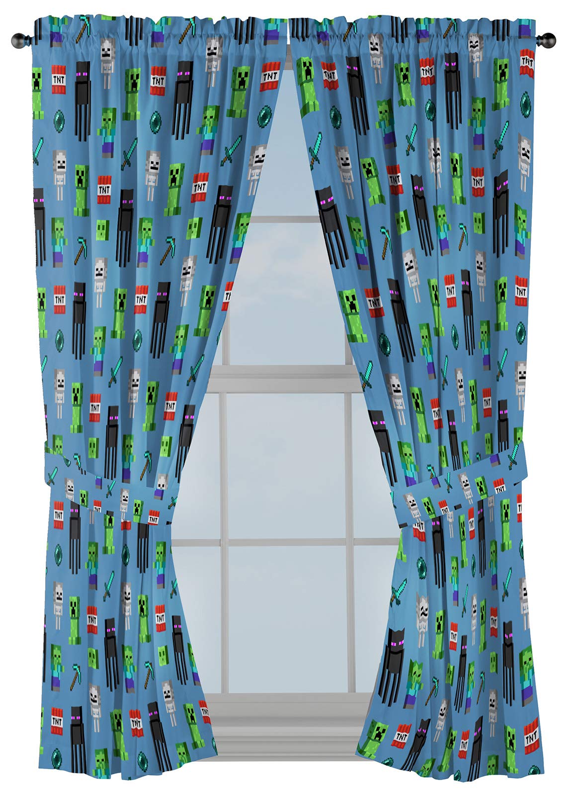 Jay Franco Kids Window Drapes - 4 Piece Curtain Set Includes 2 Tiebacks, Beautiful Bedding Room Décor and Easy Set Up, Blue - Minecraft, 63 Inch