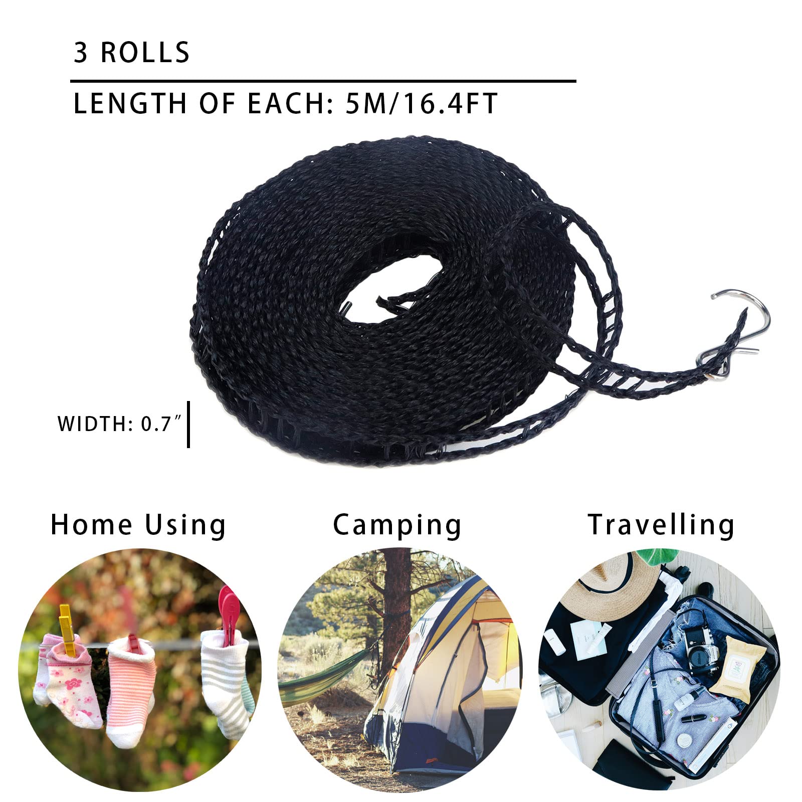 Tighall 3 Pack Nylon Windproof Clothesline 1.64ft Length Adjustable Clothesline Camping Clothesline Clothes Drying Rope Portable Laundry Line Hanger Rope for Indoor Outdoor Camping Home Hotel| Black