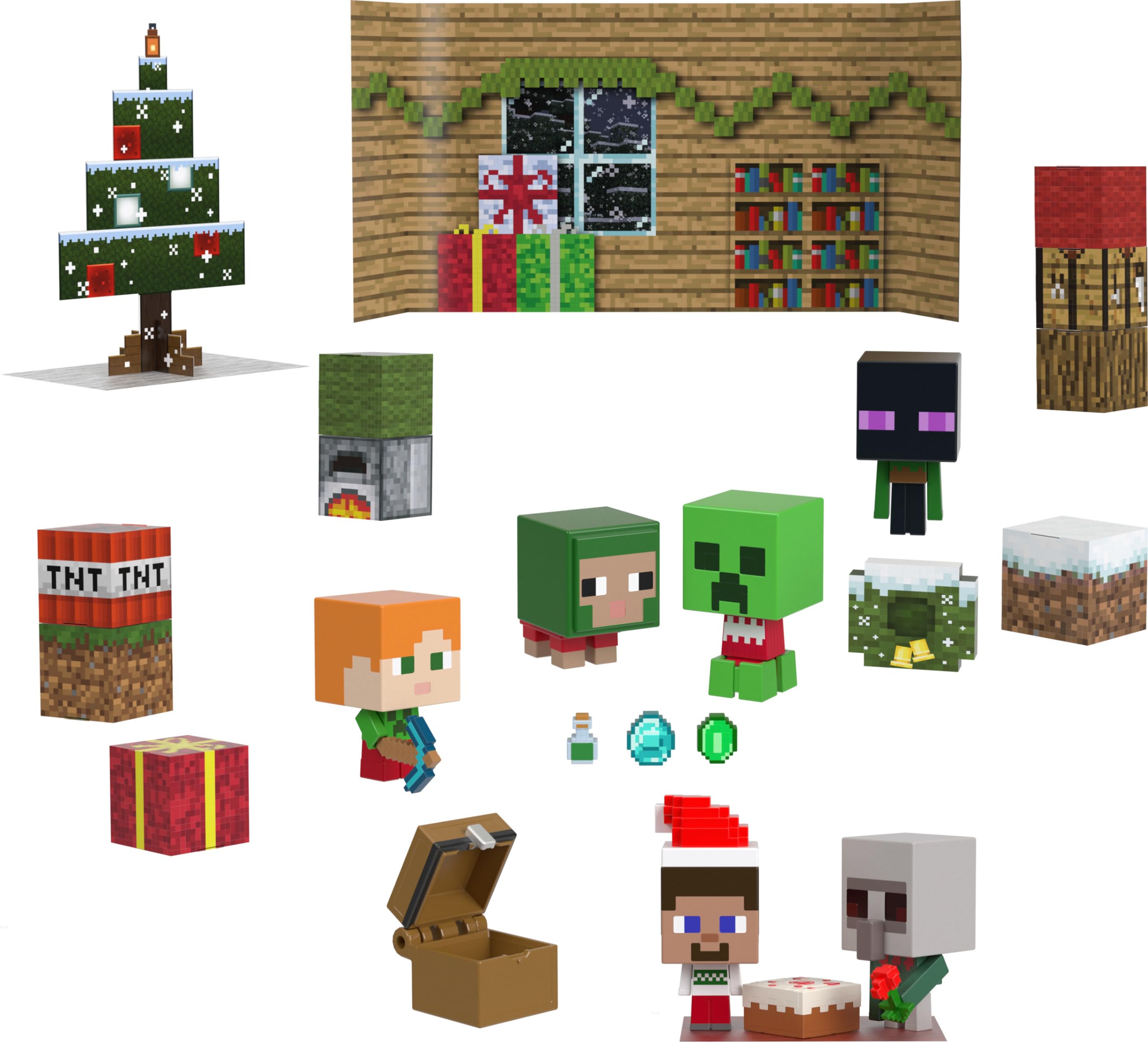 Mattel Minecraft Mob Head Minis Advent Calendar with 24 Surprises Including 6 Action Figures & Accessories, Includes Steve, Holiday Gift