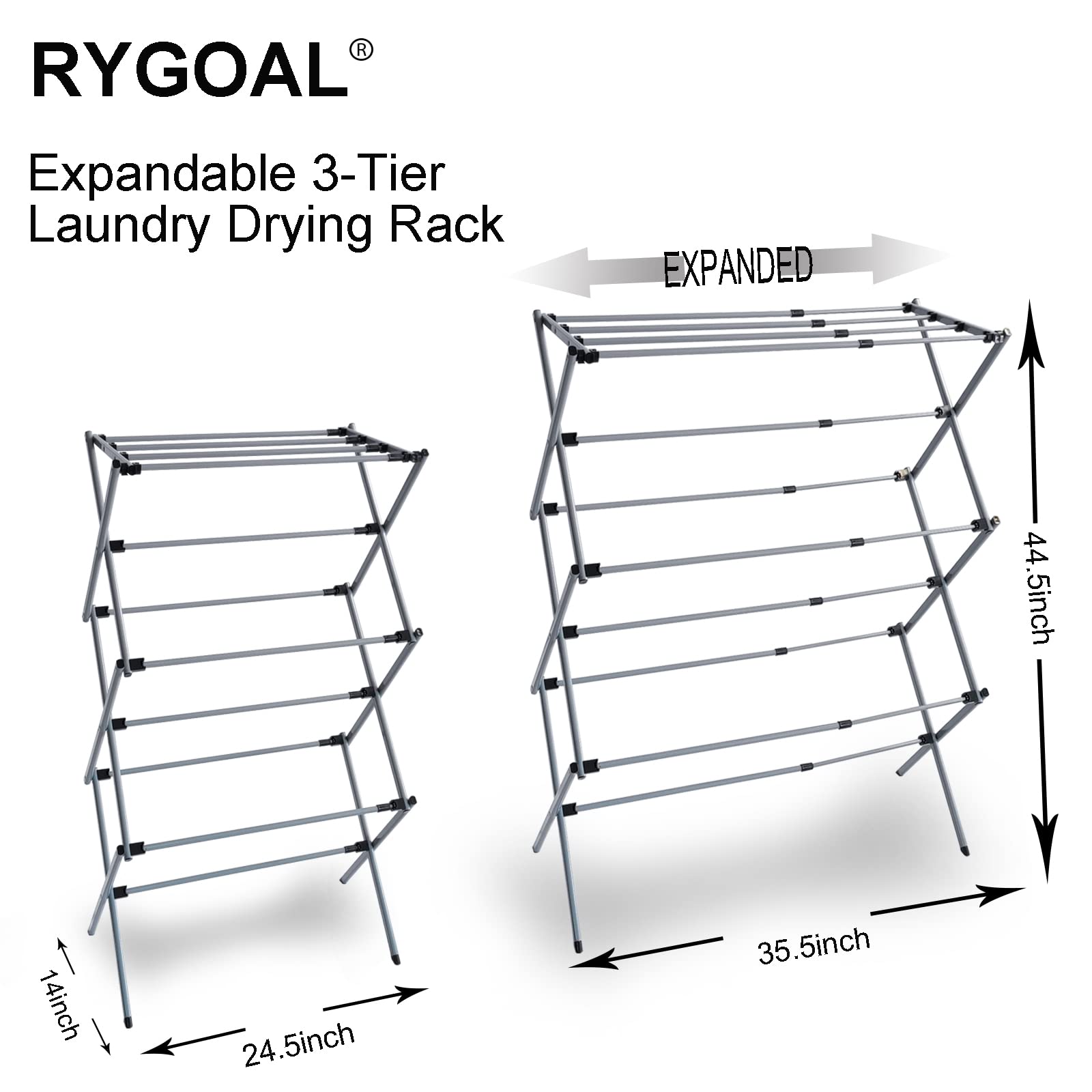 RYGOAL Clothes Drying Rack, 3-Tier Laundry Drying Rack Collapsible, Extendable 42.7" x 35.5" x 14.6" Large Drying Rack, Space Saving Stainless Steel Drying Rack Clothing for Indoor Outdoor Use