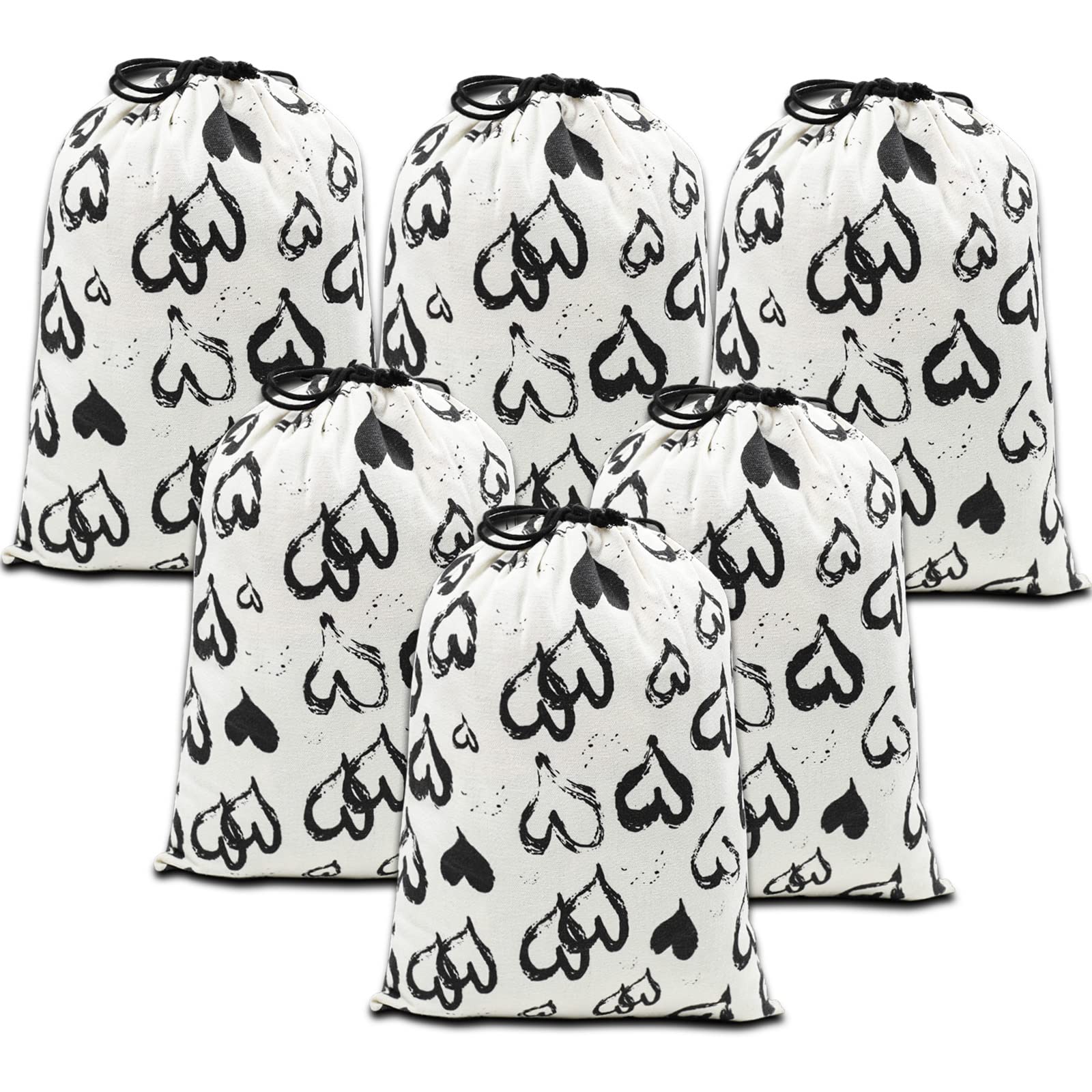 EYNDYN 6pcs Large Canvas Gift Bags Large Gift Bag with Drawstring Heart Print Drawstring Present Wedding Bags Wrapping Reusable Bag Present Wrap Bags for Valentine's Day Party Favors, 16 X 12 In