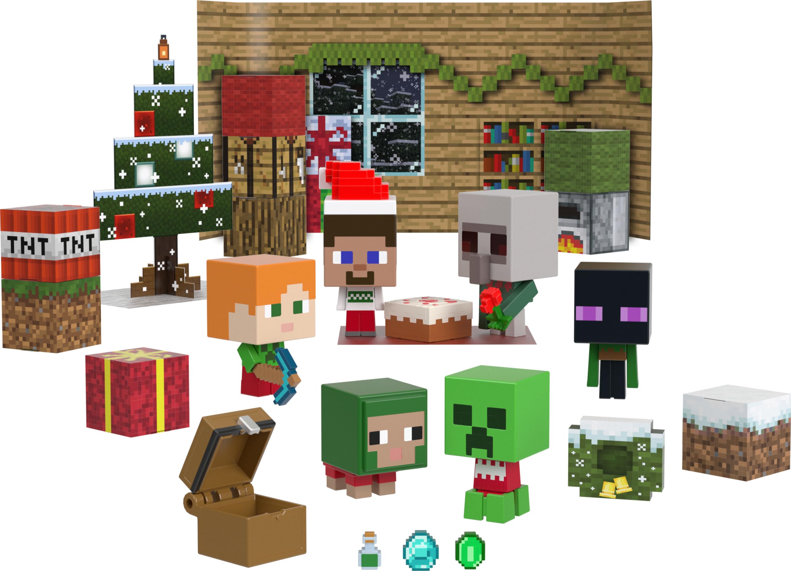 Mattel Minecraft Mob Head Minis Advent Calendar with 24 Surprises Including 6 Action Figures & Accessories, Includes Steve, Holiday Gift