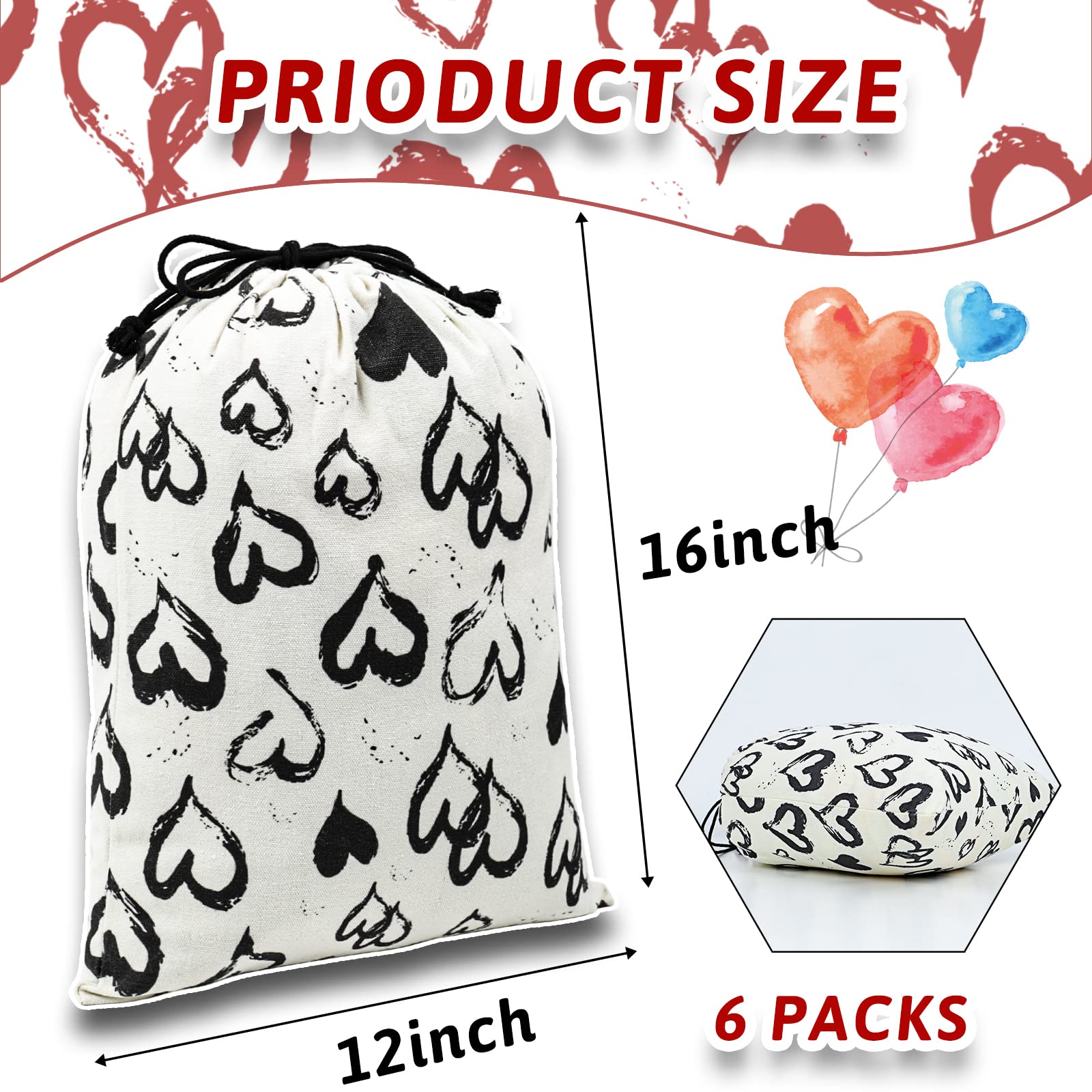 EYNDYN 6pcs Large Canvas Gift Bags Large Gift Bag with Drawstring Heart Print Drawstring Present Wedding Bags Wrapping Reusable Bag Present Wrap Bags for Valentine's Day Party Favors, 16 X 12 In