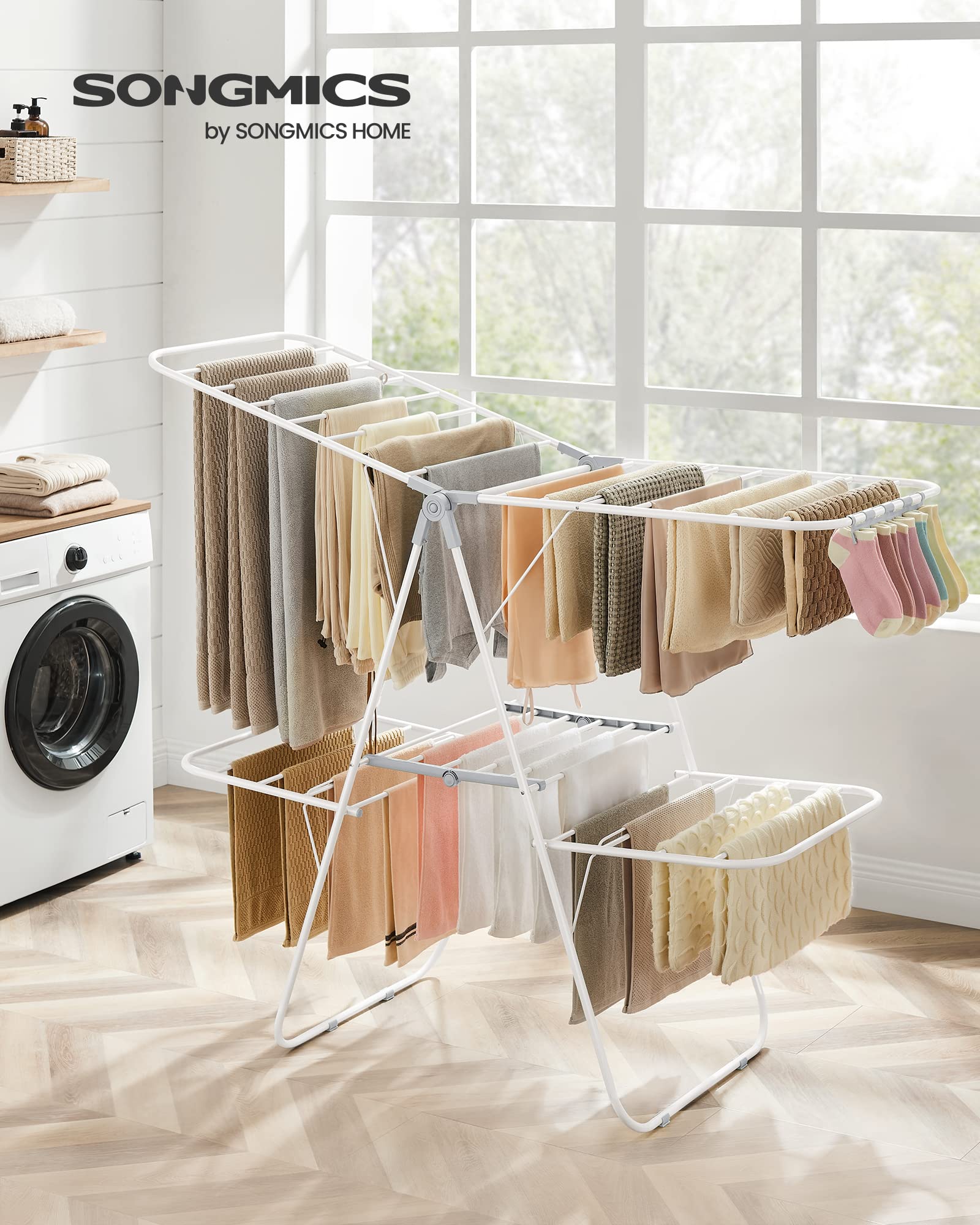 SONGMICS Clothes Drying Rack, Foldable 2-Level Laundry Drying Rack, Free-Standing Large Drying Rack, with Height-Adjustable Wings, 33 Drying Rails, Sock Clips, White and Gray ULLR053G01