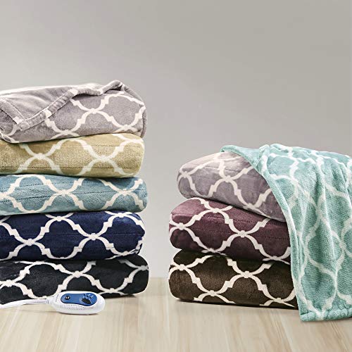 Beautyrest Ogee Printed Plush Electric Blanket for Cold Weather, Fast Heating, Auto Shut Off, Virtually Zero EMF, Multi Heat Setting, UL Certified, Machine Washable, Aqua Oversized Throw 60x70