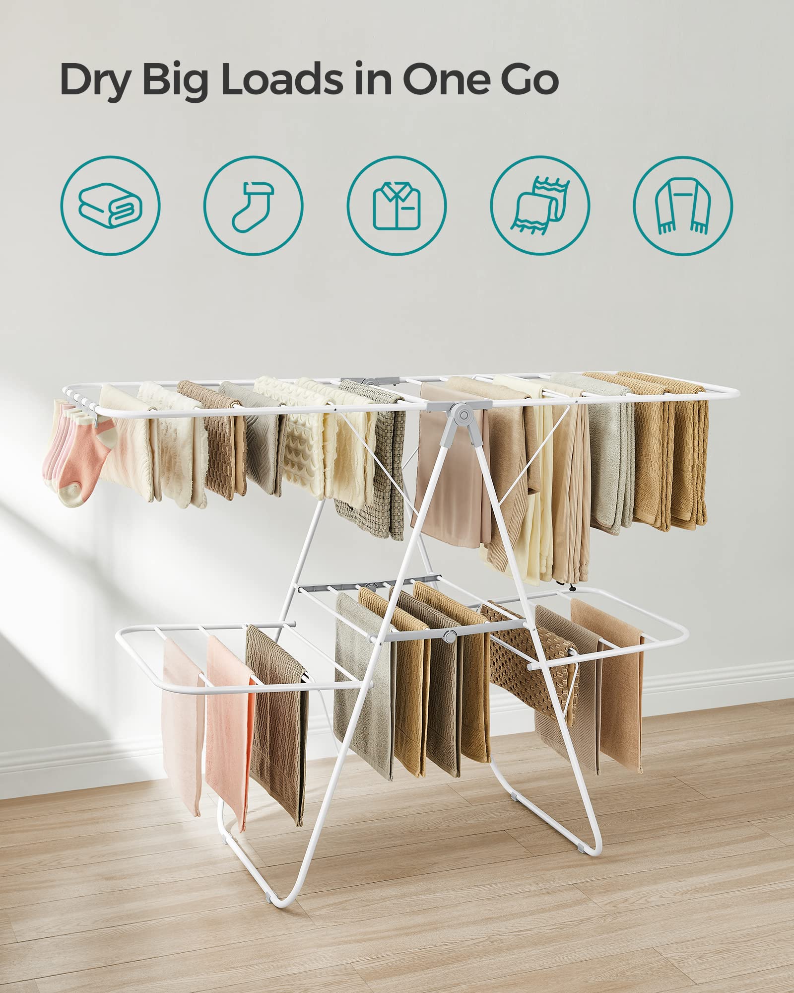 SONGMICS Clothes Drying Rack, Foldable 2-Level Laundry Drying Rack, Free-Standing Large Drying Rack, with Height-Adjustable Wings, 33 Drying Rails, Sock Clips, White and Gray ULLR053G01