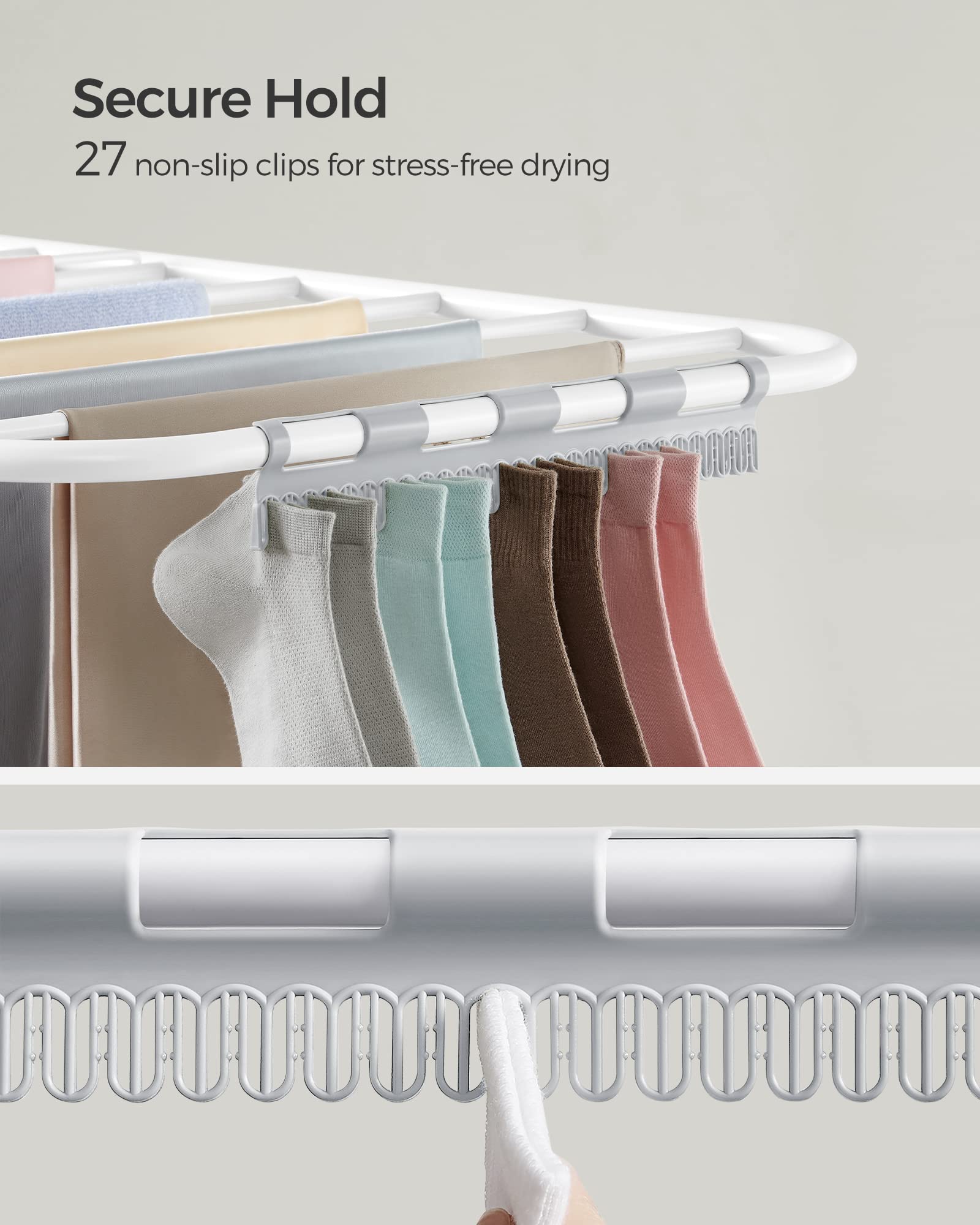 SONGMICS Clothes Drying Rack, Foldable 2-Level Laundry Drying Rack, Free-Standing Large Drying Rack, with Height-Adjustable Wings, 33 Drying Rails, Sock Clips, White and Gray ULLR053G01