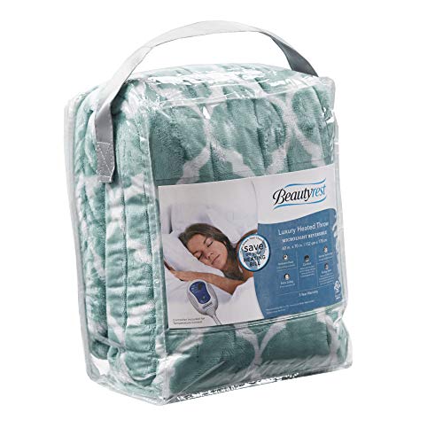 Beautyrest Ogee Printed Plush Electric Blanket for Cold Weather, Fast Heating, Auto Shut Off, Virtually Zero EMF, Multi Heat Setting, UL Certified, Machine Washable, Aqua Oversized Throw 60x70
