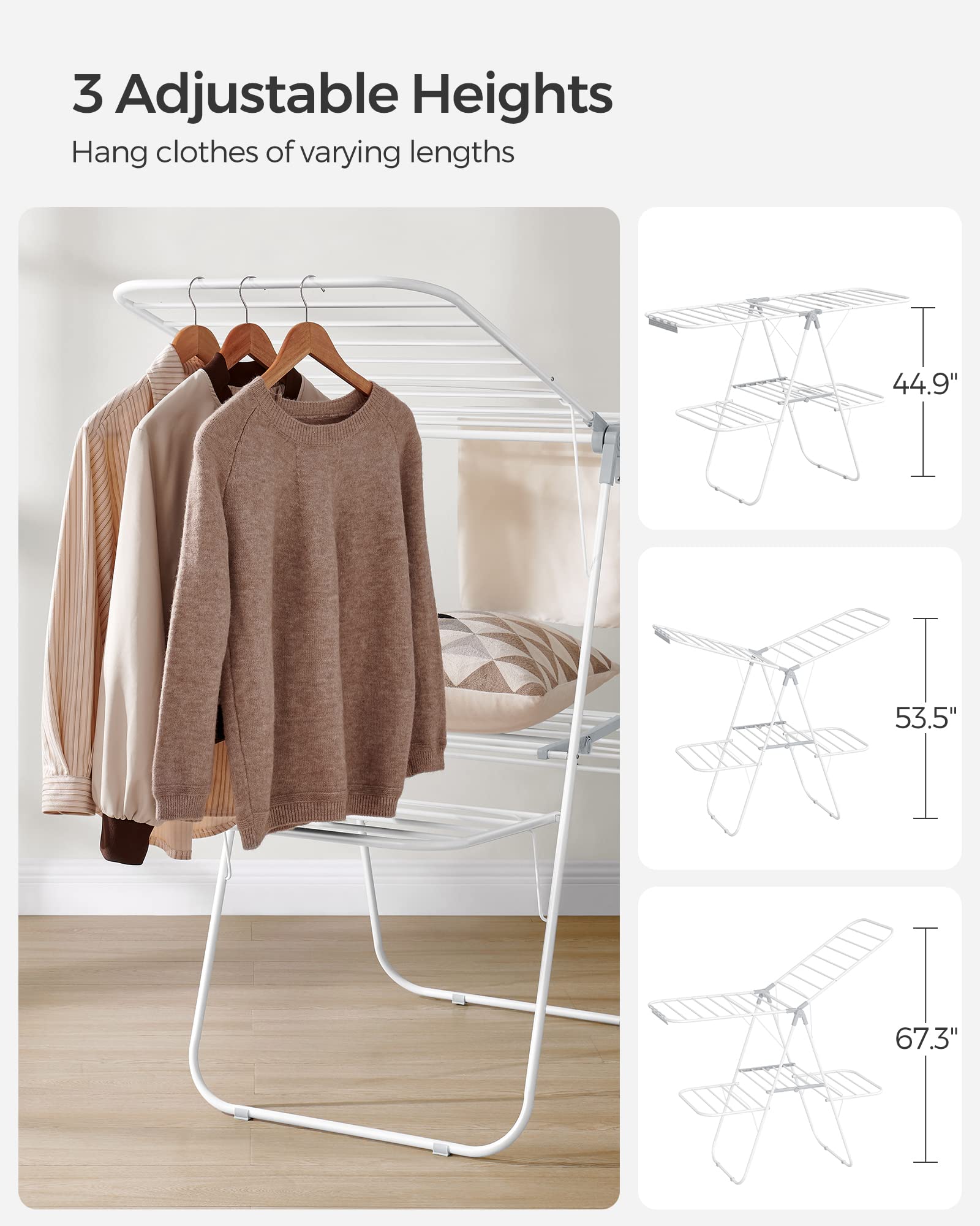 SONGMICS Clothes Drying Rack, Foldable 2-Level Laundry Drying Rack, Free-Standing Large Drying Rack, with Height-Adjustable Wings, 33 Drying Rails, Sock Clips, White and Gray ULLR053G01