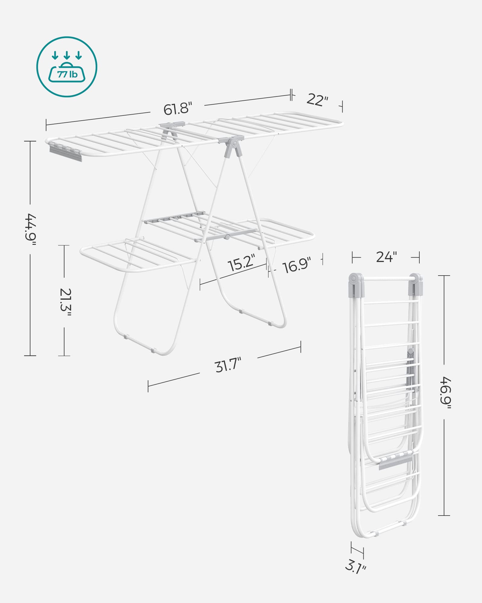 SONGMICS Clothes Drying Rack, Foldable 2-Level Laundry Drying Rack, Free-Standing Large Drying Rack, with Height-Adjustable Wings, 33 Drying Rails, Sock Clips, White and Gray ULLR053G01