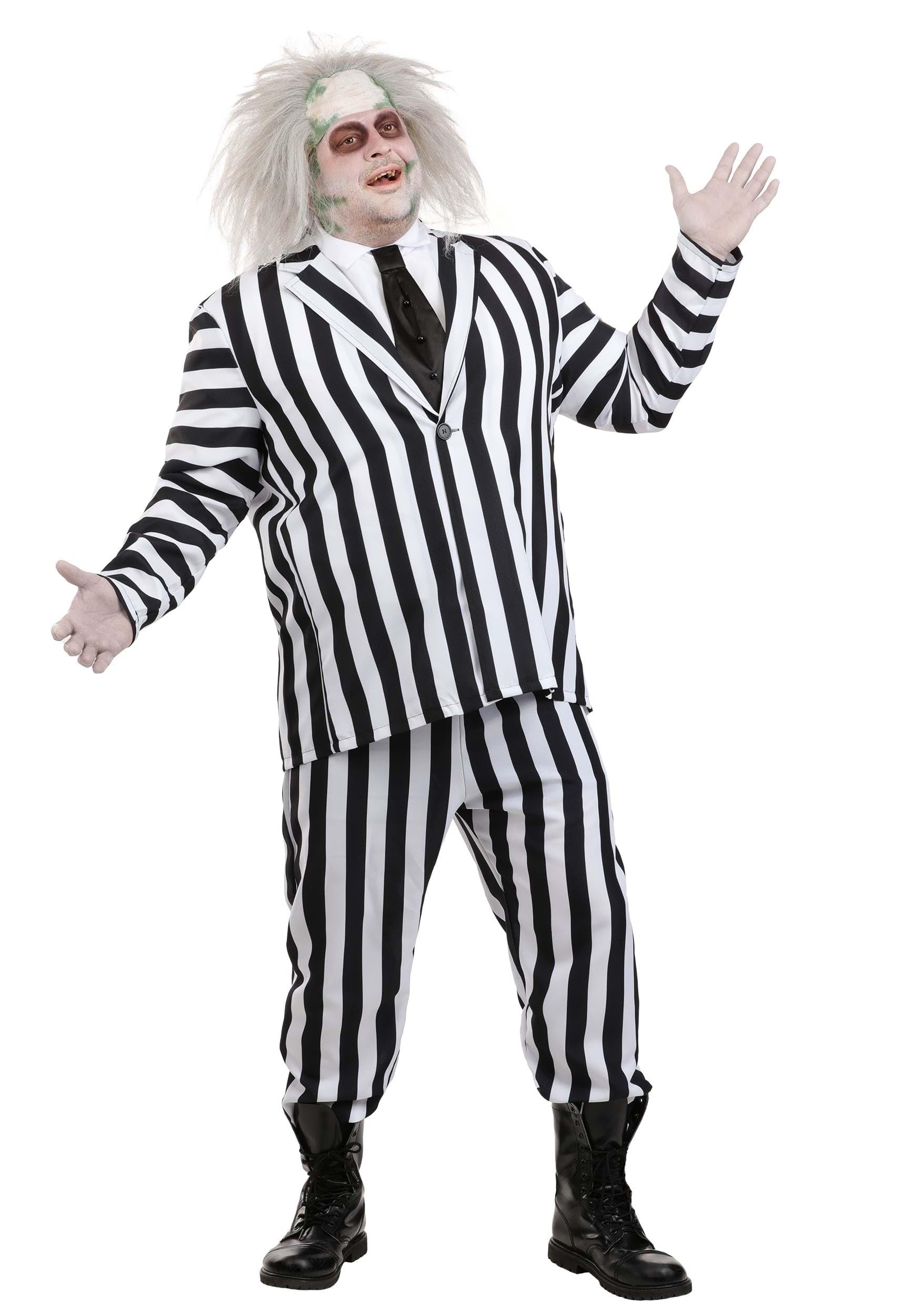 Plus Size Beetlejuice Costume - Black & White Striped Tuxedo Jacket, Pants, and Attached Shirt & Tie, Officially Licensed 3X