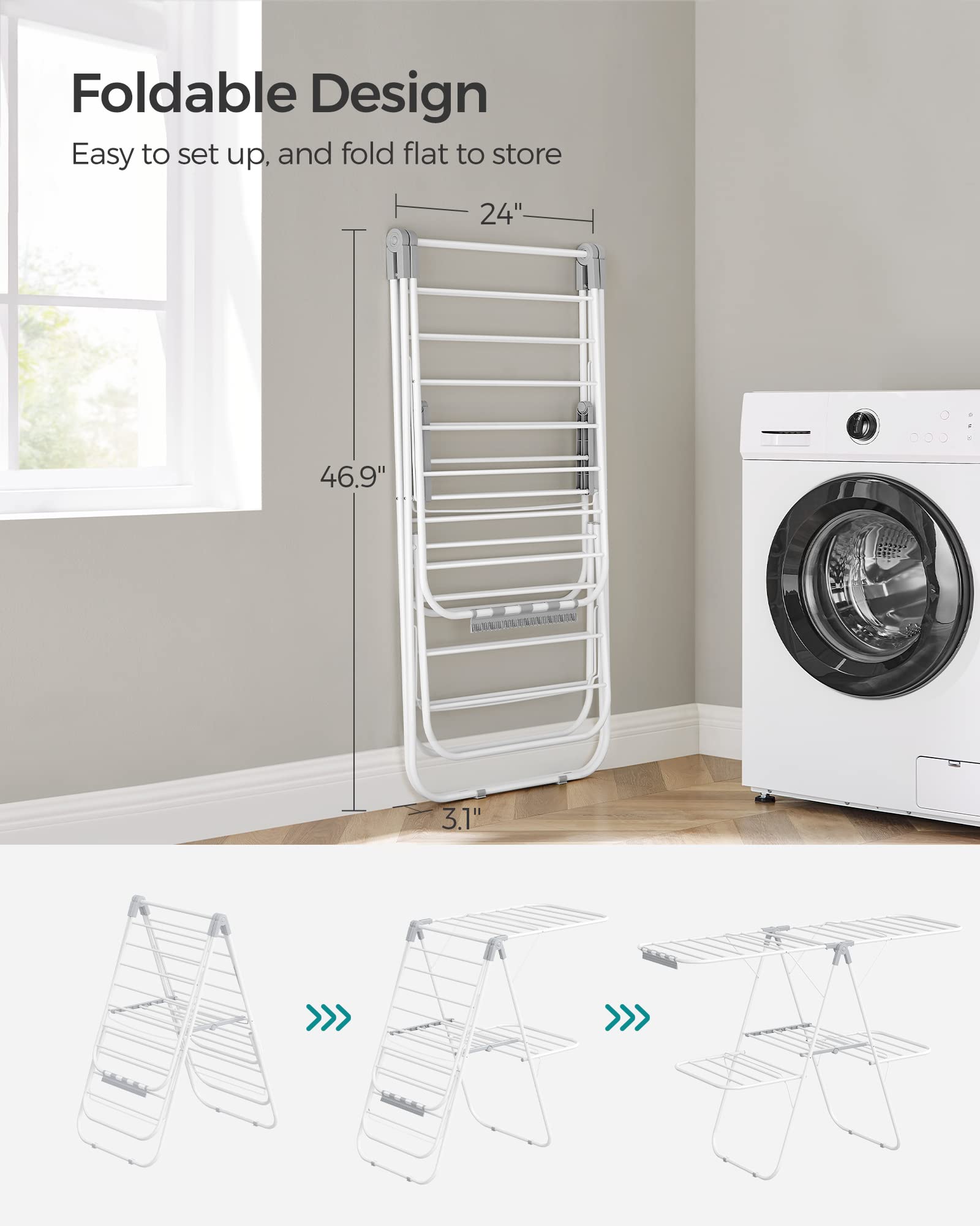 SONGMICS Clothes Drying Rack, Foldable 2-Level Laundry Drying Rack, Free-Standing Large Drying Rack, with Height-Adjustable Wings, 33 Drying Rails, Sock Clips, White and Gray ULLR053G01