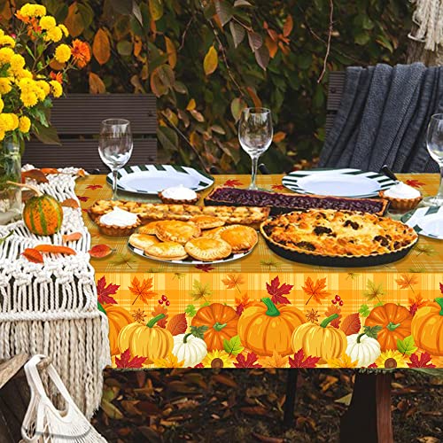 Set of 4 Fall Plastic Tablecloths Pumpkin Maple Leaf Table Covers Fall Plaid Disposable Tablecloths Autumn Checkered Waterproof Tablecloth for Thanksgiving Party Supplies Halloween, 54 x 108 Inch