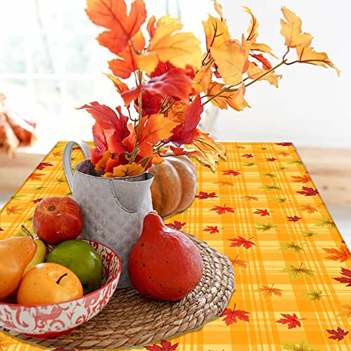 Set of 4 Fall Plastic Tablecloths Pumpkin Maple Leaf Table Covers Fall Plaid Disposable Tablecloths Autumn Checkered Waterproof Tablecloth for Thanksgiving Party Supplies Halloween, 54 x 108 Inch