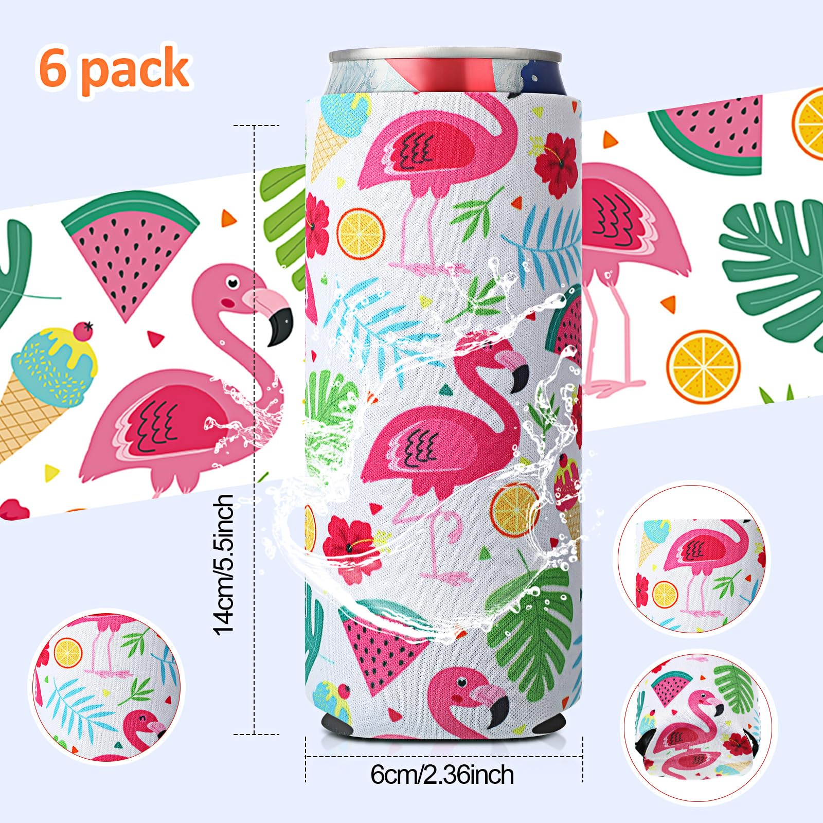 Slim Can Sleeves, Reusable Neoprene Bottle Insulator Sleeve, 12 oz Beverage Can Coolers for Energy Drink and Beer Cans, 6 Pieces (Hawaii Style)