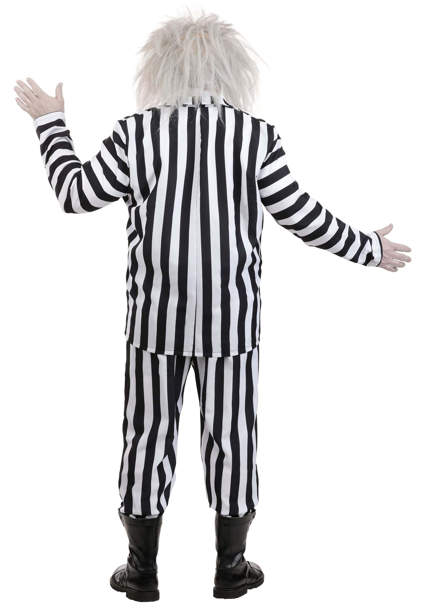 Plus Size Beetlejuice Costume - Black & White Striped Tuxedo Jacket, Pants, and Attached Shirt & Tie, Officially Licensed 3X