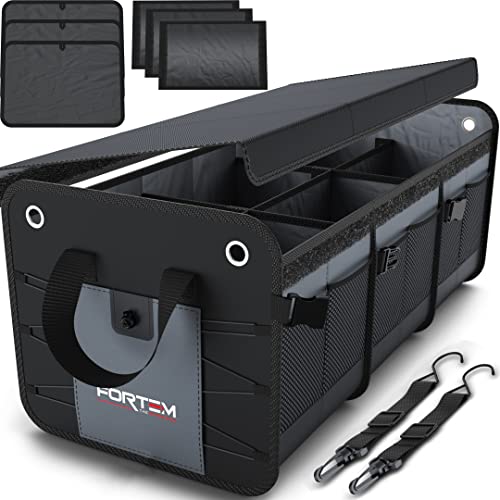 FORTEM Car Trunk Organizer, SUV Trunk Organizer, Car Storage Organizer, Collapsible Multi Compartment Car Organizer, Non Slip Bottom, Adjustable Securing Straps, Foldable Cover (3 Compartments, Grey)