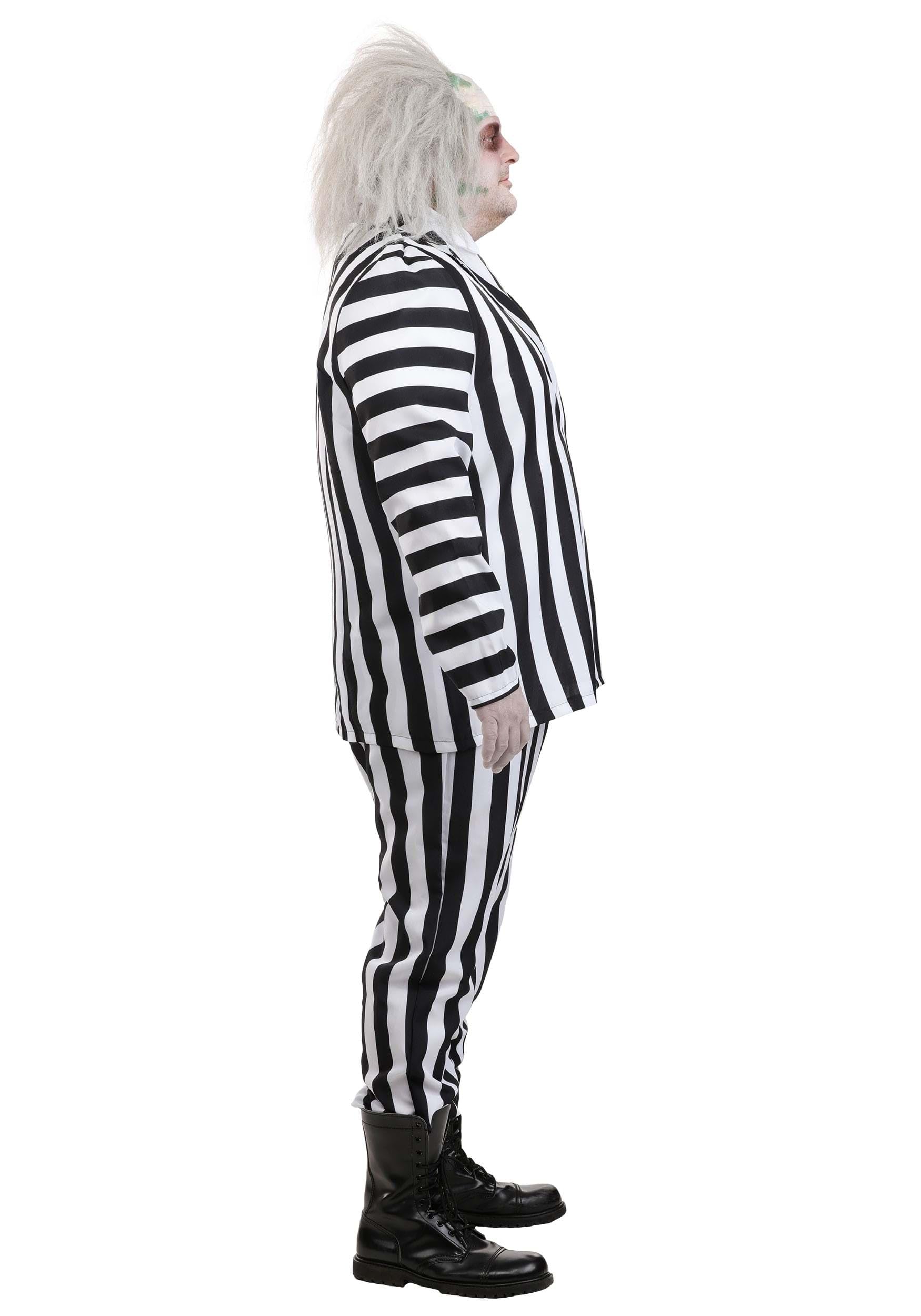 Plus Size Beetlejuice Costume - Black & White Striped Tuxedo Jacket, Pants, and Attached Shirt & Tie, Officially Licensed 3X