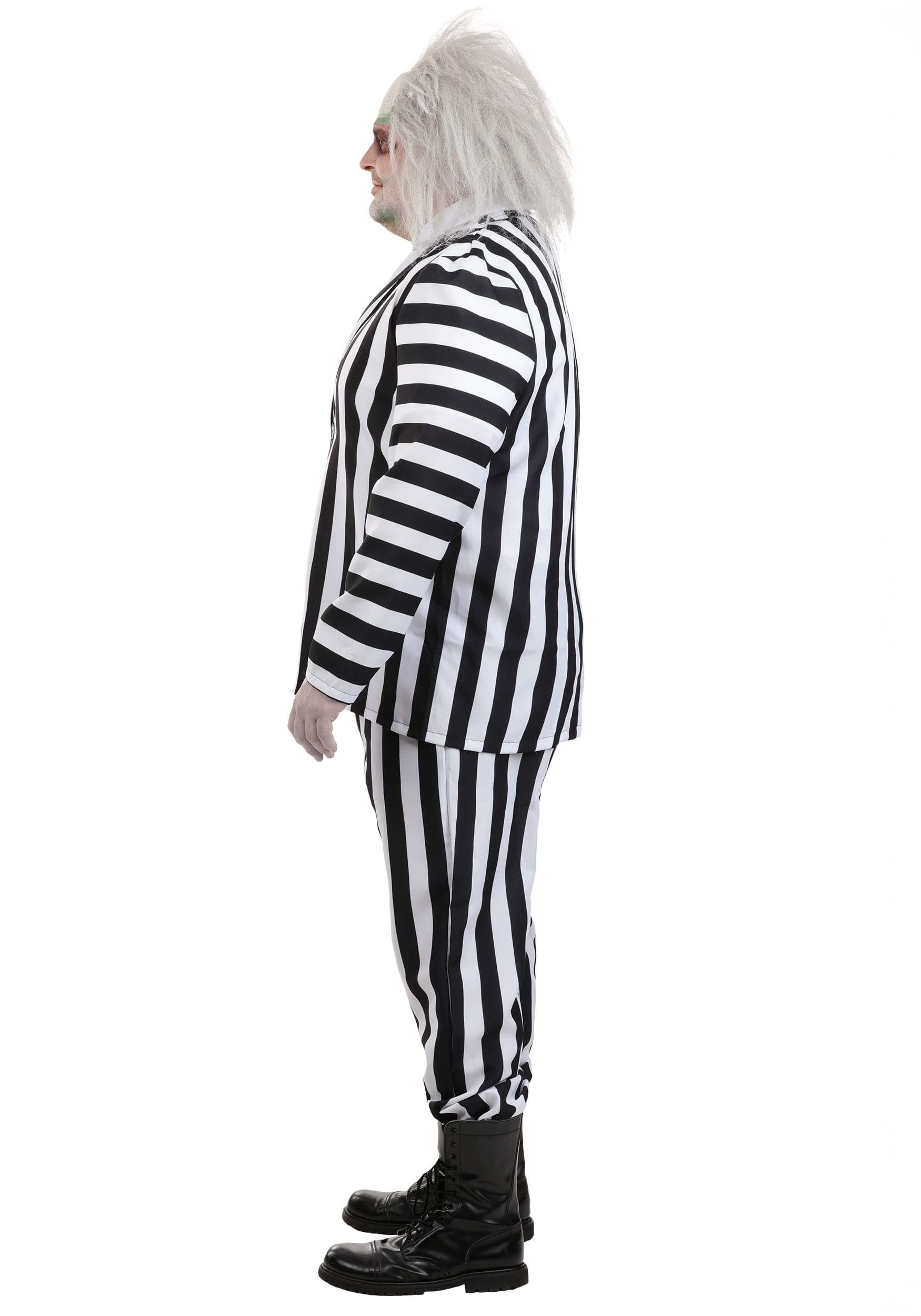Plus Size Beetlejuice Costume - Black & White Striped Tuxedo Jacket, Pants, and Attached Shirt & Tie, Officially Licensed 3X