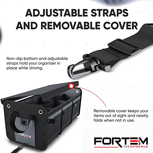 FORTEM Car Trunk Organizer, SUV Trunk Organizer, Car Storage Organizer, Collapsible Multi Compartment Car Organizer, Non Slip Bottom, Adjustable Securing Straps, Foldable Cover (3 Compartments, Grey)