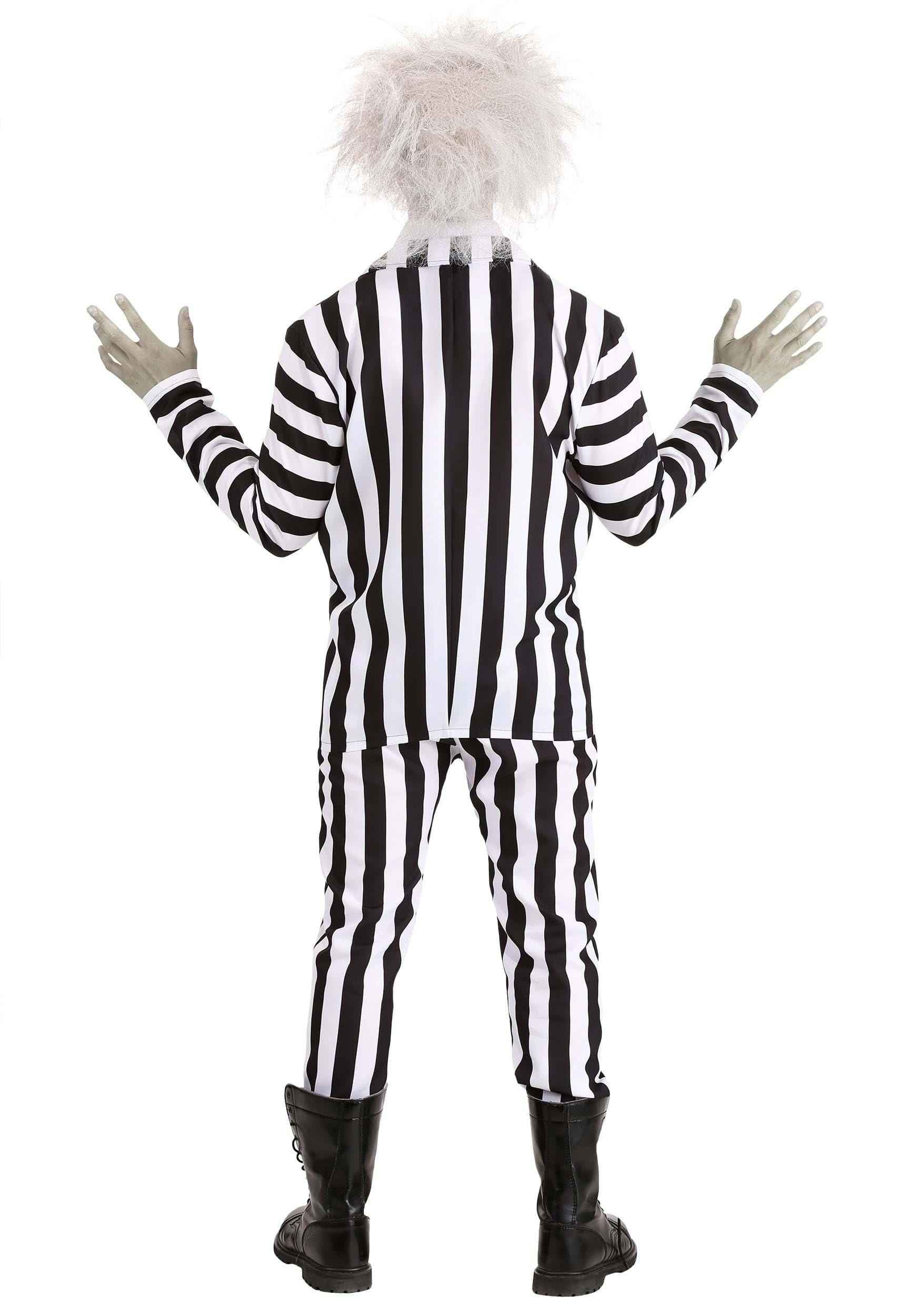 Plus Size Beetlejuice Costume - Black & White Striped Tuxedo Jacket, Pants, and Attached Shirt & Tie, Officially Licensed 3X