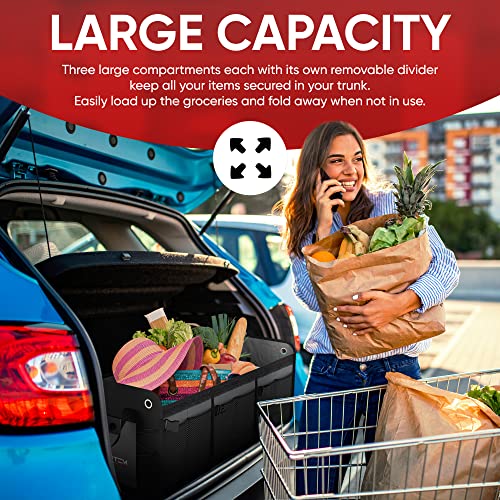 FORTEM Car Trunk Organizer, SUV Trunk Organizer, Car Storage Organizer, Collapsible Multi Compartment Car Organizer, Non Slip Bottom, Adjustable Securing Straps, Foldable Cover (3 Compartments, Grey)