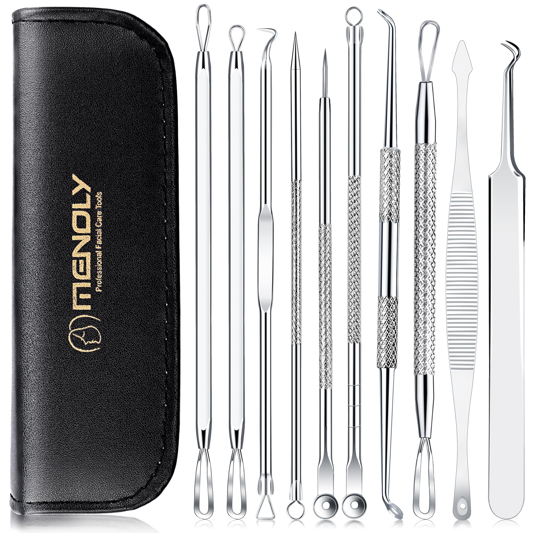 Pimple Popper Tool Kit,MENOLY 10Pcs Blackhead Remover Tools,Pimple Extractor,Acne Tools,Acne Kit for Blackhead,Blemish,Zit Removing,Whitehead Popping and Comedone Extractor Tool with Leather Bag
