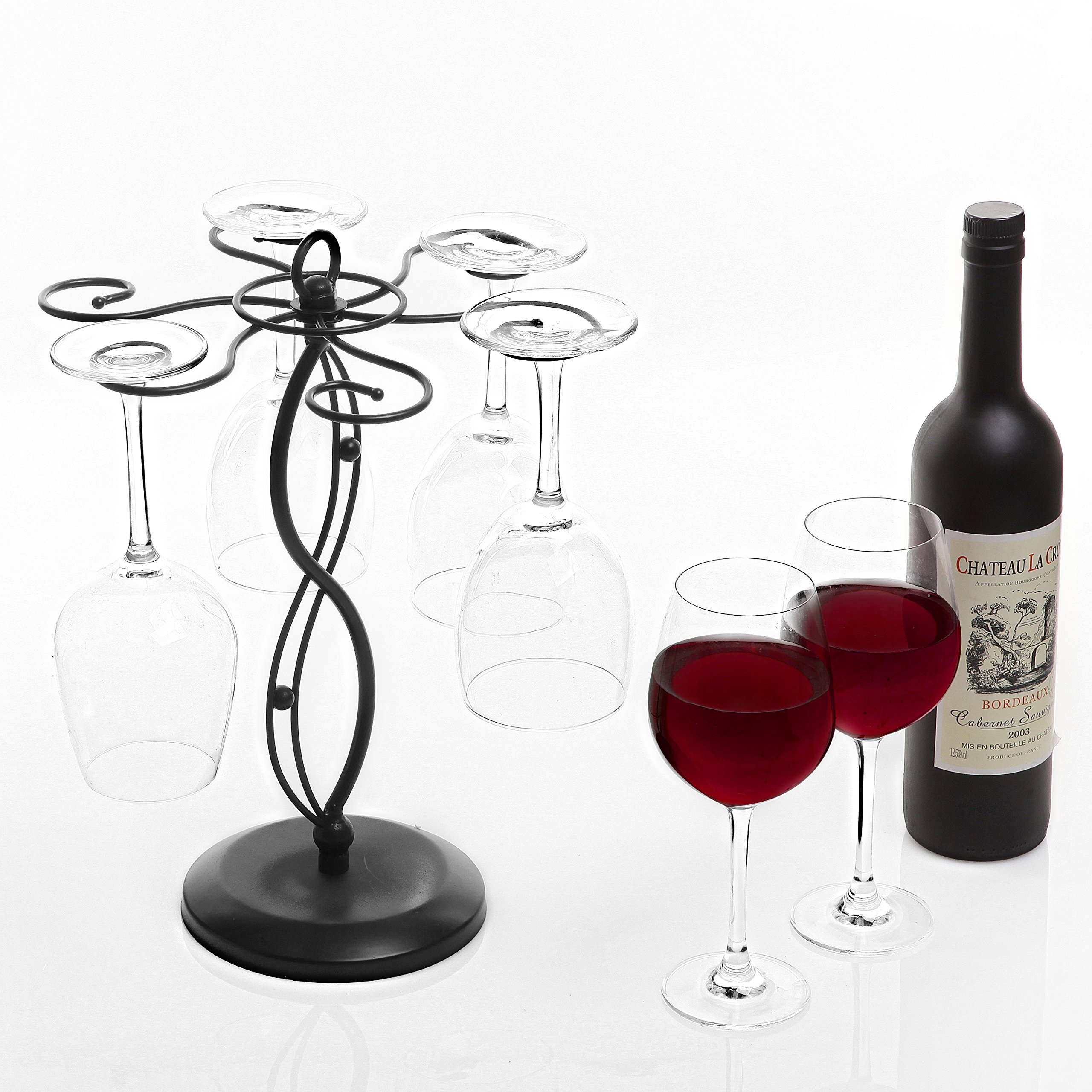 MyGift Gold Metal Countertop Wine Glass Holder with Scrollwork Design, Freestanding Tabletop Stemware Storage Rack with 6 Hooks