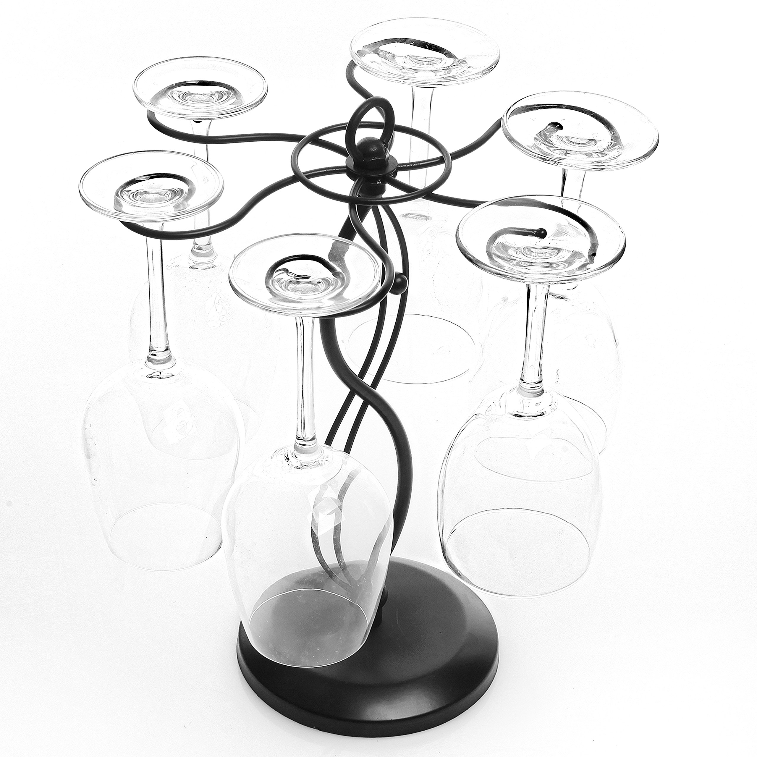 MyGift Gold Metal Countertop Wine Glass Holder with Scrollwork Design, Freestanding Tabletop Stemware Storage Rack with 6 Hooks