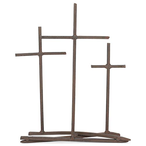 Three Crosses Metal Nail Distressed Brown 8 x 9.5 Metal Table Top Cross Decoration