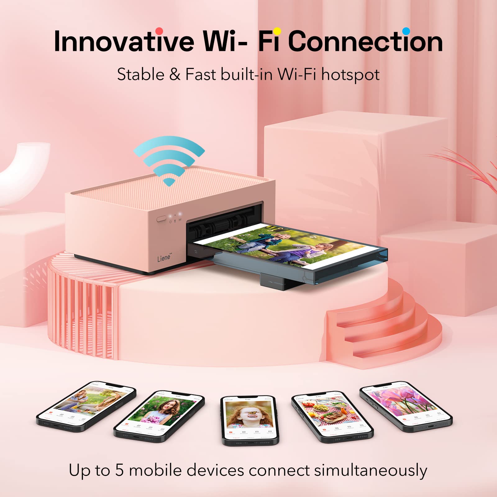 Liene 4x6'' Photo Printer Bundle (60 Sheets + 2 Ink Cartridges), Wi-Fi Picture Printer, Photo Printer for iPhone, Android, Smartphone, Computer, Dye-Sublimation, Photo Printer for Home Use, Pink