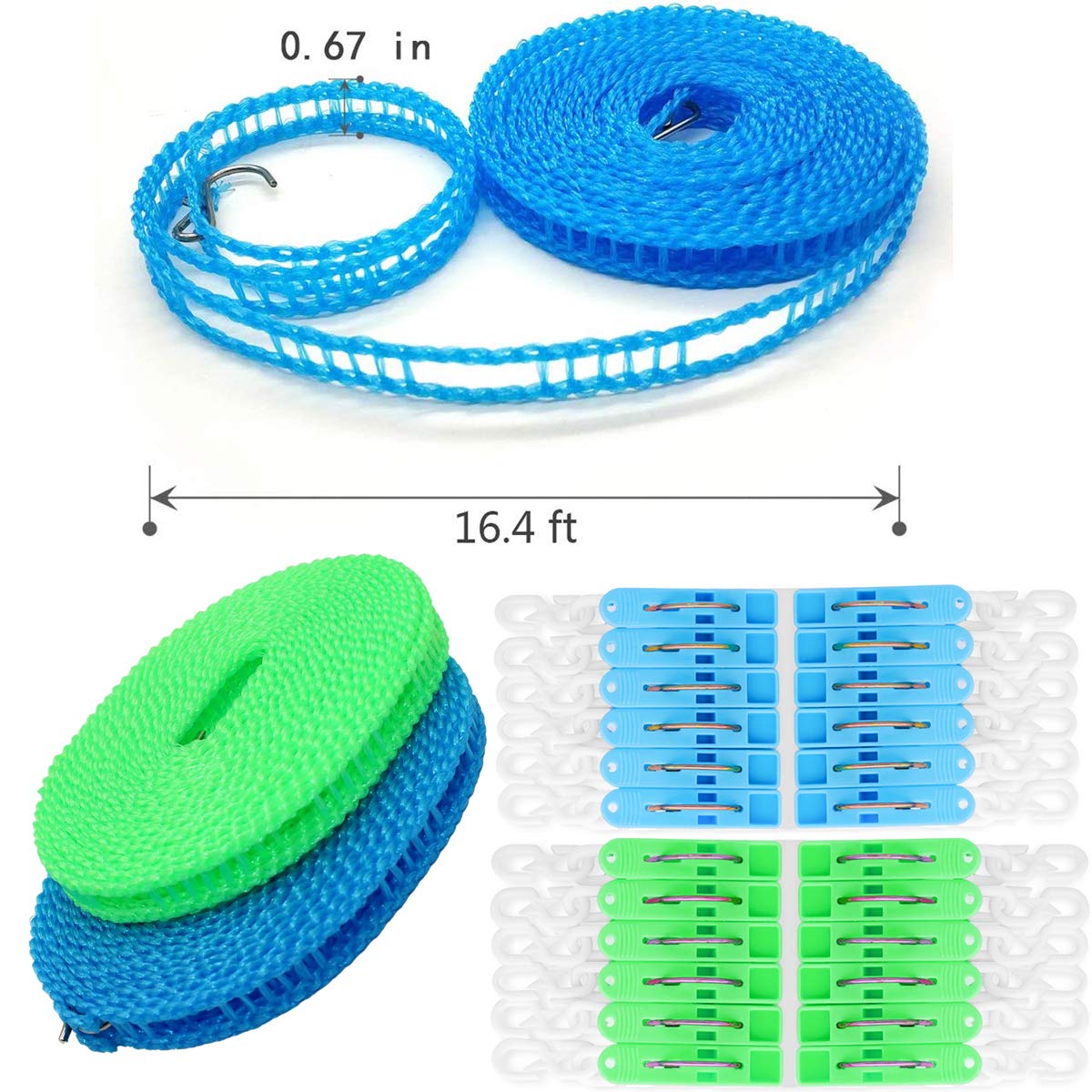 Foshine Clotheslines 2 Pack Clothesline Clothes with 24 Pcs Clips Drying Rope Portable Windproof for Travel Indoor Outdoor Laundry Clothes Line Hanger Camping Home