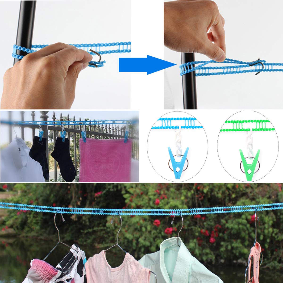 Foshine Clotheslines 2 Pack Clothesline Clothes with 24 Pcs Clips Drying Rope Portable Windproof for Travel Indoor Outdoor Laundry Clothes Line Hanger Camping Home