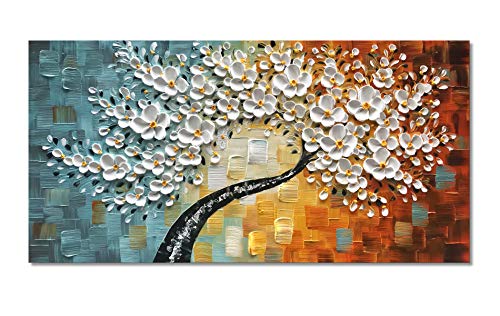 Diathou 20x40in 3D Abstract Paintings,Hand-Painted Painting of White Flowers and Trees, Canvas Wood Frame, Ready to Hang The Wall to Decorate The Living Room Bedroom
