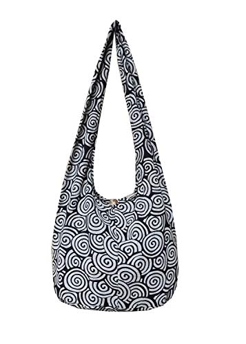 BTP! Hippie Hobo Cotton Sling Crossbody Bag Messenger Purse Swirl Printed in White on Black SW4