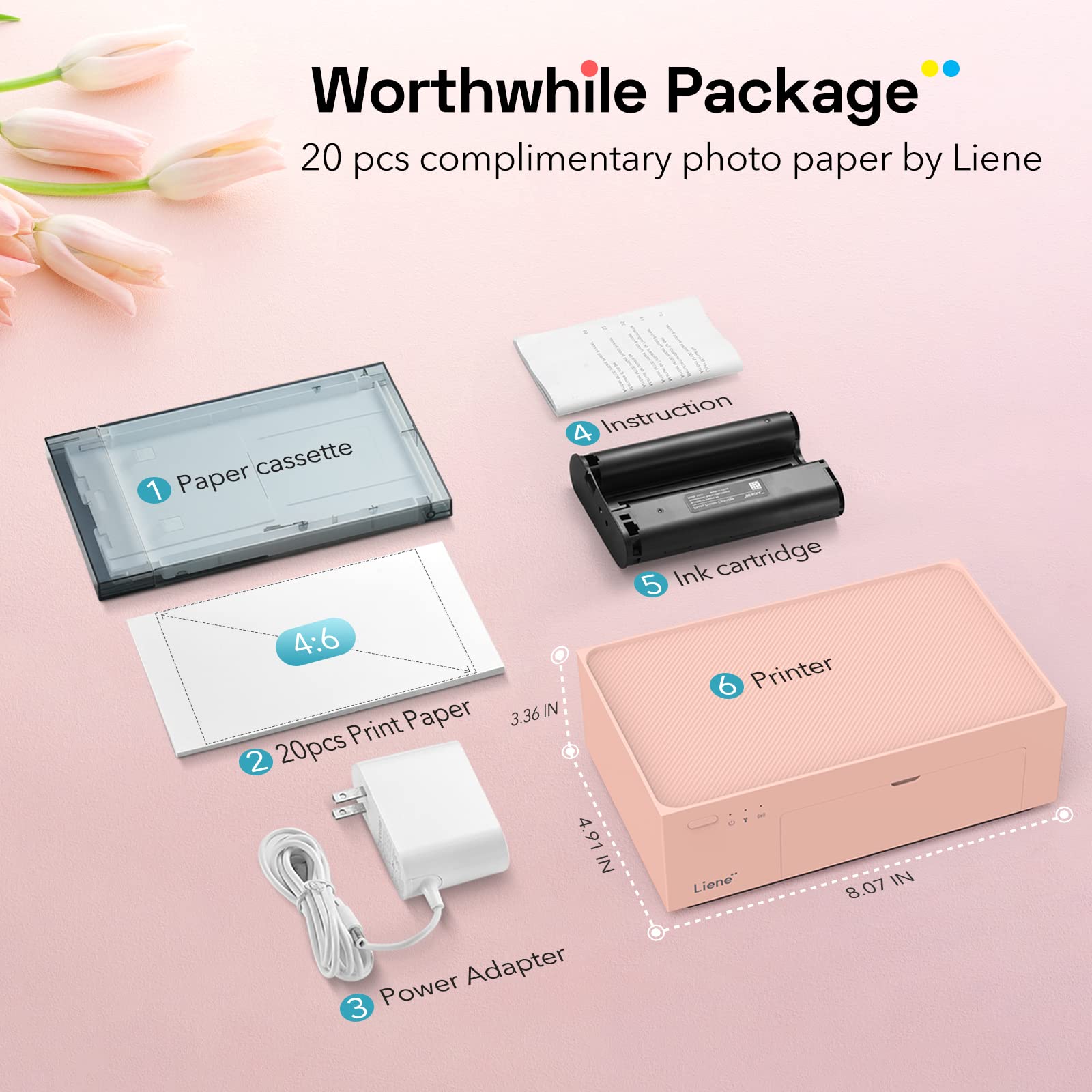 Liene 4x6'' Photo Printer Bundle (60 Sheets + 2 Ink Cartridges), Wi-Fi Picture Printer, Photo Printer for iPhone, Android, Smartphone, Computer, Dye-Sublimation, Photo Printer for Home Use, Pink
